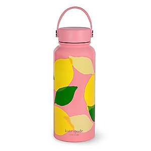 Kate Spade New York Extra Large Insulated Water Bottle, 33 Ounce Stainless Steel Water Bottle with Handle, Pink Double Wall Metal Tumbler with Lid, Lemon Toss