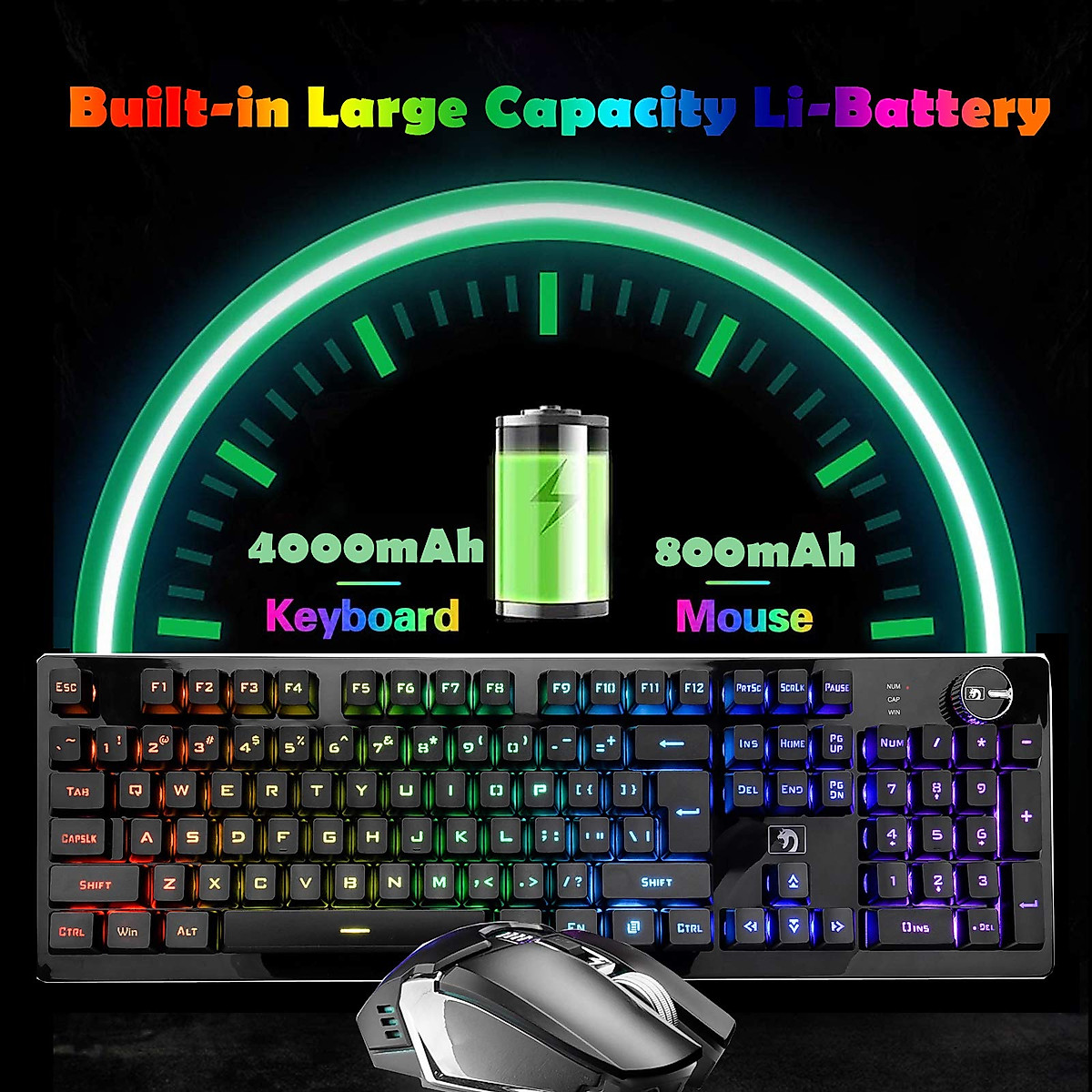 Rechargeable Gaming Keyboard Mouse Combo,2.4G Wireless,16 Kinds of RGB LED Backlit,Mechanical Feeling Keyboards with Knob Control,2400dpi Ergonomic Mouse with 7 Color Breathing LED Light (Black RGB)