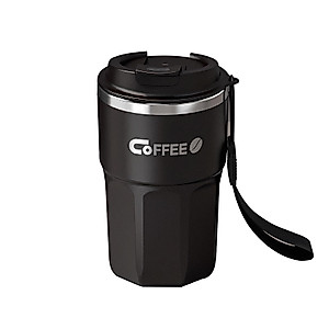 Colawind 16oz Travel Mug, Reusable Coffee Cups with Flip Top Lids, Stainless Steel Coffee Tumbler with Rope, 480ml Black Drink Cup for Iced Tea, Coffee, Water