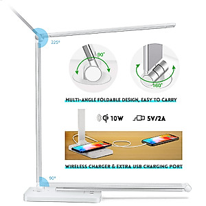 JOSTIC LED Desk Lamp with Wireless Charger, USB Charging Port, Desk Light with 10 Brightness, 5 Color Modes, Dimmable Eye Caring Reading Desk Lamps for Home Office, Touch Control, Auto Timer, White