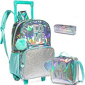ZBAOGTW Rolling Backpack for Girls Kids Backpack with Wheels for Elementary Kindergarten Girls Wheeled Backpack Carry on Luggage Rolling Backpack with Lunch Bag