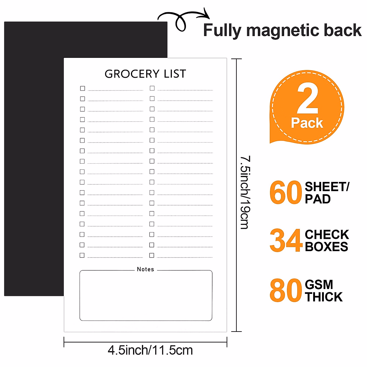 Joyberg Grocery List Magnet Pad for Fridge, 2 Pack Magnetic Notepads for Refrigerator, Magnetic Grocery List Pad for Fridge, Full Magnet Back Shopping Lists, 60 Sheets Per Note Pads