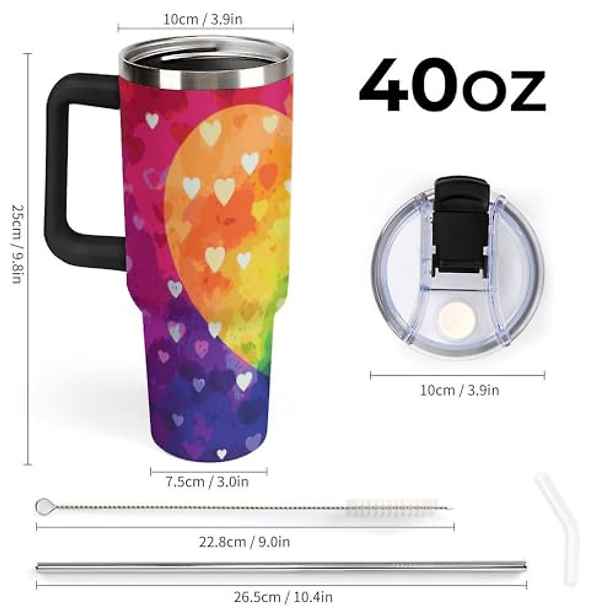LLUTSNTH 40 Oz Vacuum Tumbler with Black Handle Leakproof Insulated Tumbler Colorful Rainbow Love Heart Stainless Steel Travel Mug with Lid And Straw Coffee Cup Cute Water Bottles Cup Holder Friendly
