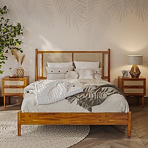 Bme Oliver Headboard Queen Size Bed Frame - 15-Inch Signature Design with Rattan Headboard, Bohemian and Mid Century Style, 12-Slat Wood Support, No Box Spring Needed - Easy Assembly, Caramel