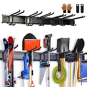 Gardi Beast Wall mount Tool Storage Rack - Heavy Duty Garden Tool Organizer, Garage Organization Hold Up to 350lbs - with 6 Double Layer Wall Hooks and 16"x3 Rails (48 inch total) Glove & Straps Black