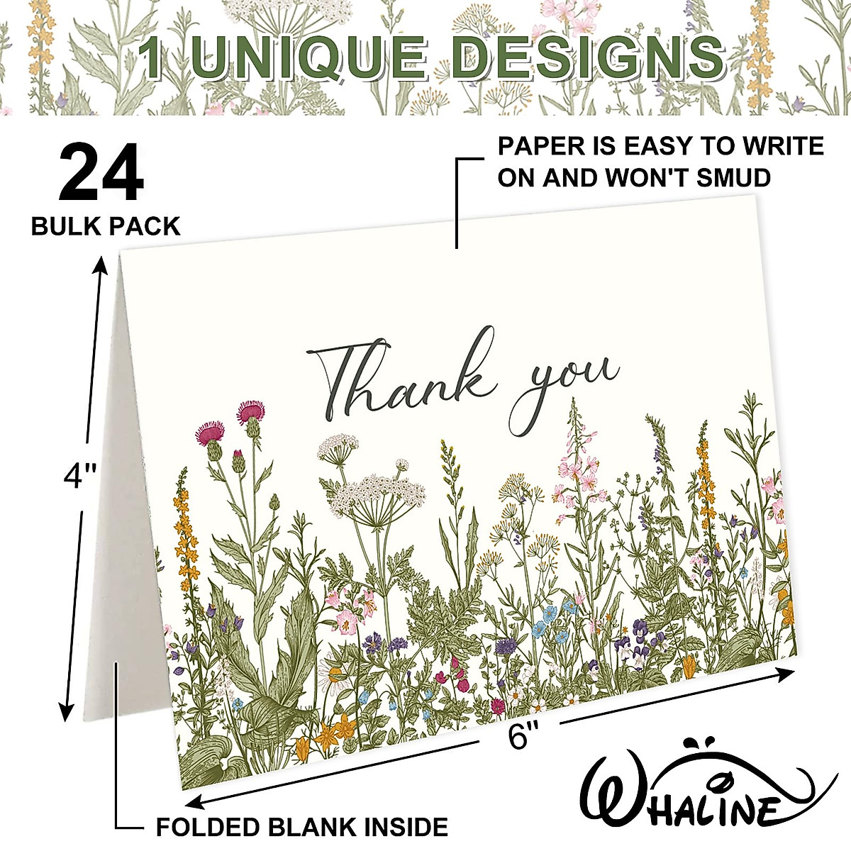 Whaline 24 Pack Vintage Wild Floral Thank You Cards Bulk Retro Botanical Green Leaves Herbs Greeting Cards with Envelope Sticker for Birthday Wedding Baby Shower Bridal Shower