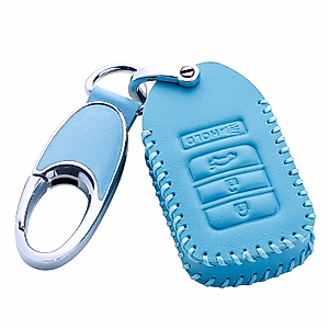 ANSOZLEE Genuine Leather Smart Key Keyless Remote Entry Fob Case Cover with Key Chain Suitable for Honda Civic, Fit, CR-V，Accord, Pilot (Blue)