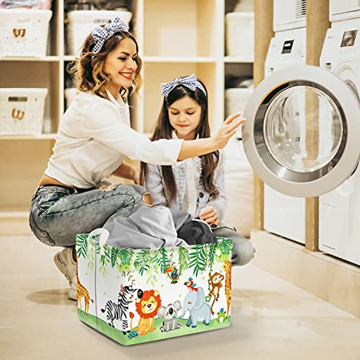 Clastyle Friendly Animals Party Nursery Storage Bins for Toys Books Rectangle Elephant Koala Monkey Safari Storage Basket Kids Collapsible Baby Gift Baskets for Bedroom, 15.7 * 11.8 * 11.8 in