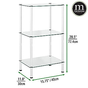 mDesign Metal/Glass 3-Tier Storage Tower, Narrow Shelving Display Unit, Open Glass Shelves; Multi-Use Stand for Living Room, Bathroom, Home Office, Hallway, Bedroom Organization - White/Clear