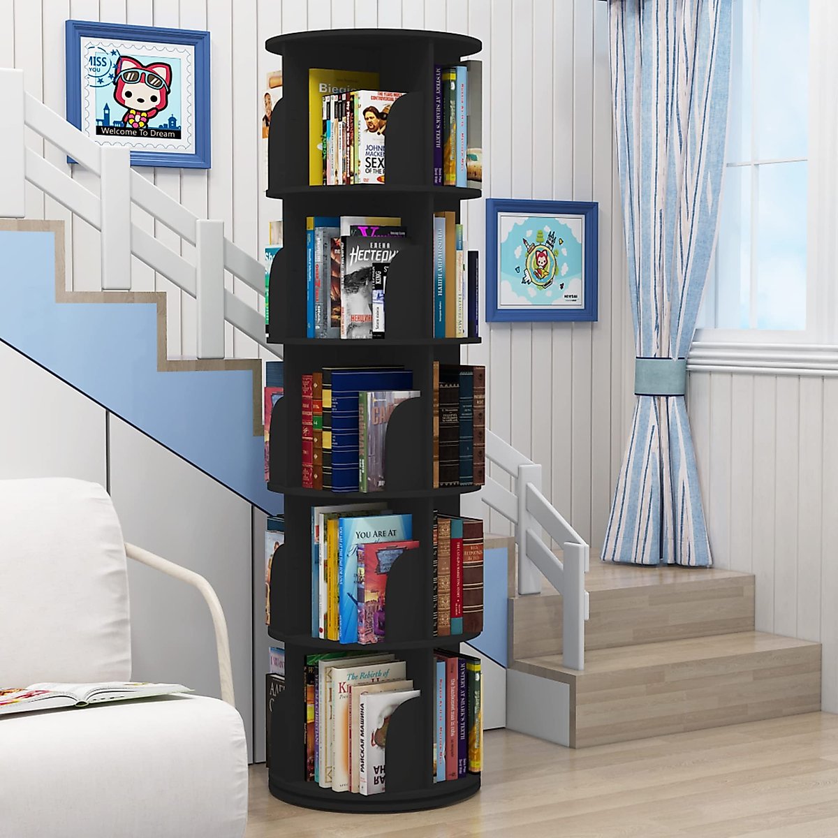 INTEXCA & DESIGN 5 Tier 360° Rotating Stackable Shelves Bookshelf Organizer (Black), White, RotatingBookshelf_5Tier_White