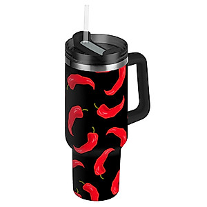 Yasala Car Tumbler with Handle Cute Chilli Red Black Funny Travel Mug Coffee Cup Insulated Beverage Container Mega Cup for Hot Cold Drinking Thermos Water Bottle Cupholder Friendly 40 oz