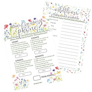 Little Wildflower Girl Baby Shower Party Games - What's On Your Phone and Word Scramble (2 Game Bundle) - 20 Dual Sided Cards - Baby in Bloom Party Supplies