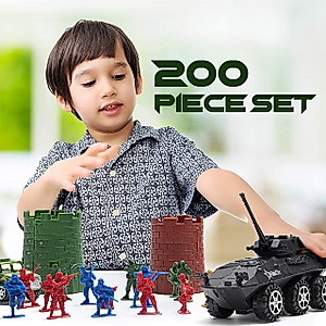 JaxoJoy 200-Piece Army Toys Set - Includes Army Men Action Figures, Military Vehicles, Helicopters, Tanks, Boats, Forts, Tents, and More - Durable Plastic Toy Soldiers for Boys, Army Playset for Kids