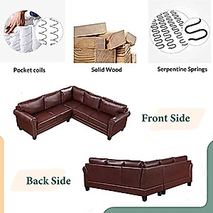 Cotoala Leather Sectional Sofa, L-Shape Corner Couch with Scroll Arms & Rivet Ornament for Living Room, Home Furniture, Apartment, Dorm, Brown PU