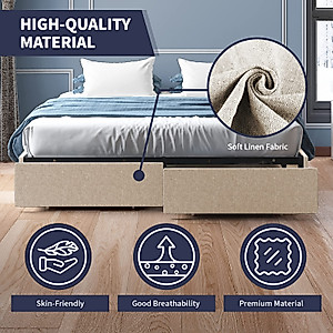 ijuicy Cal King Size Bed Frame with Storage Drawers, Wood Slat Support Bed Frame, Linen Fabric Upholstered Platform Bed, Bed Frame with Large Storage Space,Easy Assembly-Beige