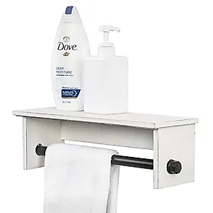 MyGift Wall Mounted Vintage White Wood Bathroom Display Shelf with Black Metal Industrial Pipe Towel Bar, Kitchen Paper Towel Holder