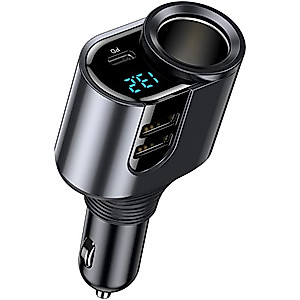 LIHAN 4 in 1 Type C Car Charger,Cigarette Lighter Splitter,Dual USB Adapter,LED Voltage Display,127W fit for 12V/24V Auto Outlet,Compatible for iPhone, iPad,Samsung,LG,GPS