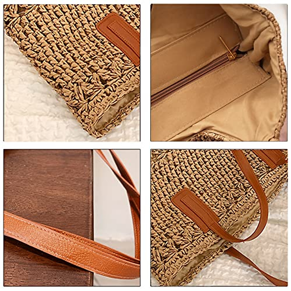 ZNMDOK Beach Bag Straw Handbags For Women Summer Beach Woven Shoulder Bag (Khaki)