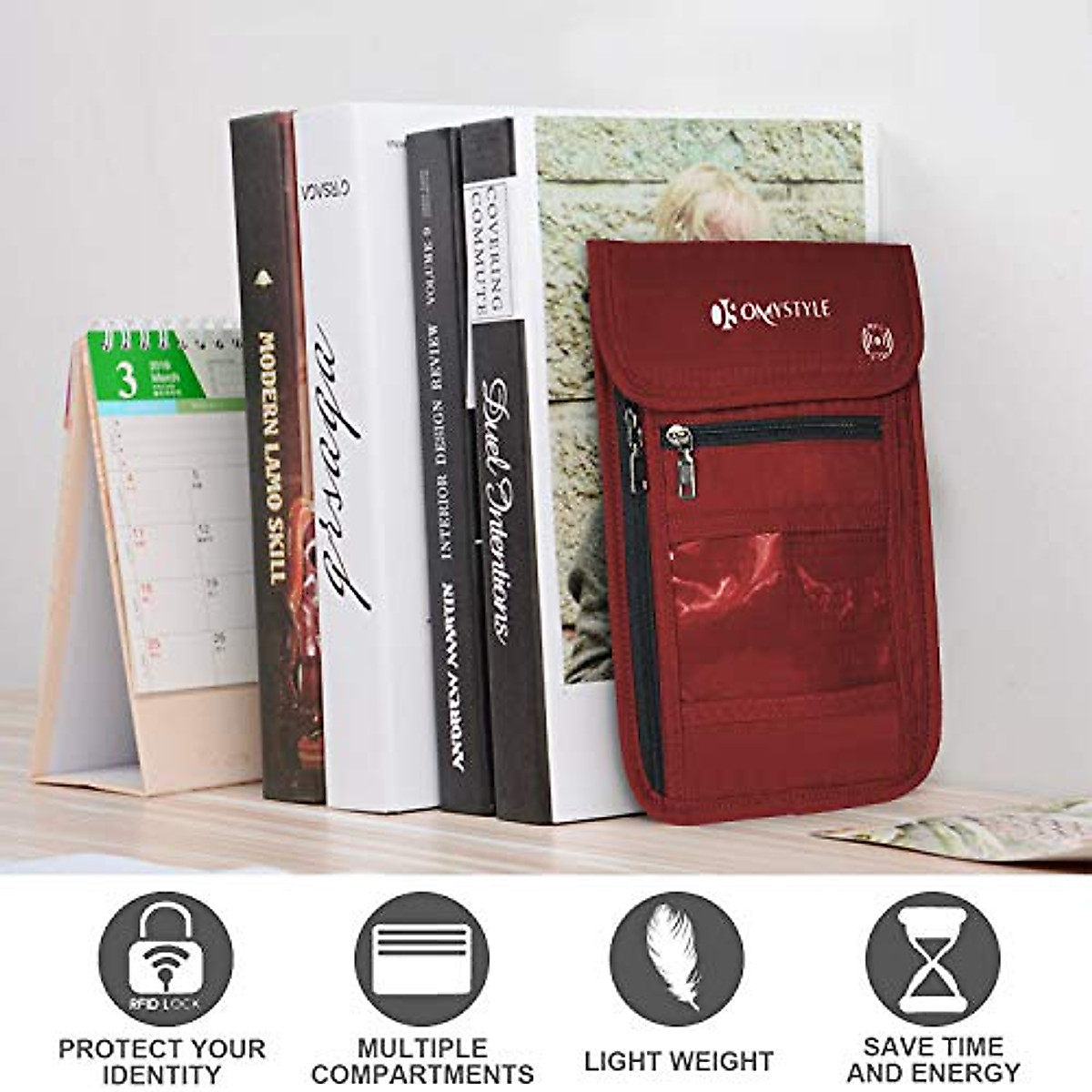 OMYSTYLE Travel Neck Pouch, RFID Passport Holder with Adjustable Neck Strap, Waterproof Neck Wallet for Men & Women to Keep Cash, Credit Cards and Documents Safe, Red