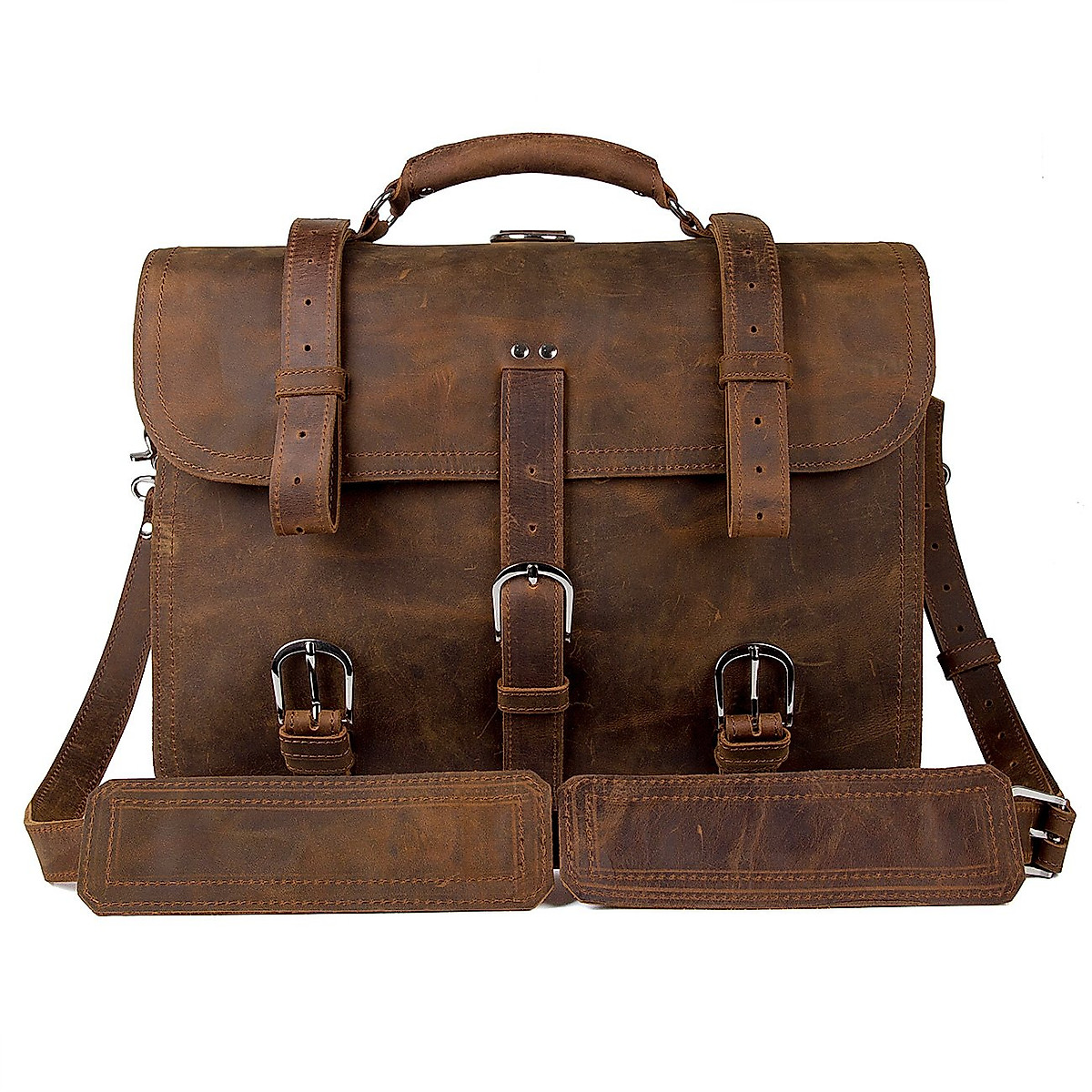 Augus Leather Messenger Bag for Men Briefcase Travel Backpack Shoulder Bag Fit 17'' Laptop