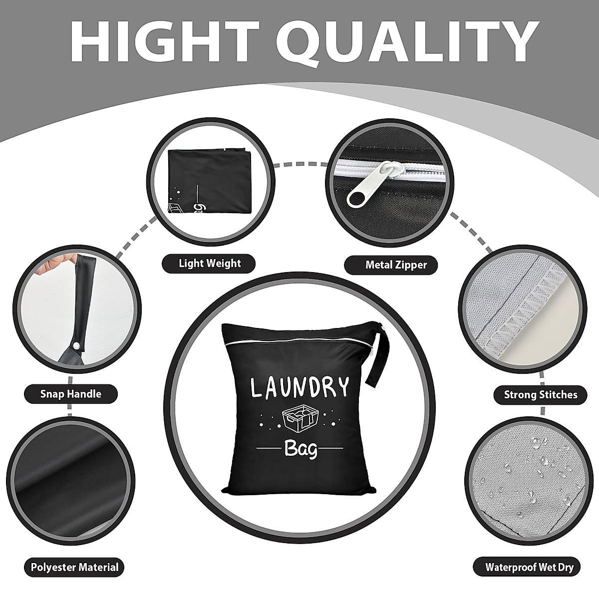 Large Travel Laundry Bags with Zipper, Waterproof Wet Dry Diaper Bags for Dirty Clothes Suitcase, Swimwear, Gym Clothes, Washable Camp Laundry Bag Sleepaway Suitable for Fitness (Black+Grey)
