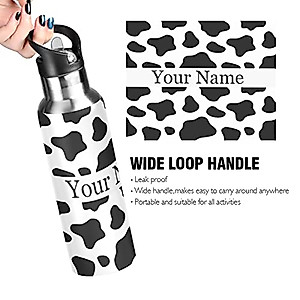 Custom Water Bottle Black and White Cow Print Stainless Steel Vacuum with Name Personalized Name Insulated Sport Bottle with Wide Handle