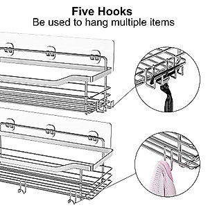 Orimade Shower Caddy Basket Shelf Storage Rack Pack of 2, No Drilling Wall Mounted Adhesive Rust Proof Stainless Steel Shower Organizer with 5 Hooks for Bathroom, Toilet, Kitchen