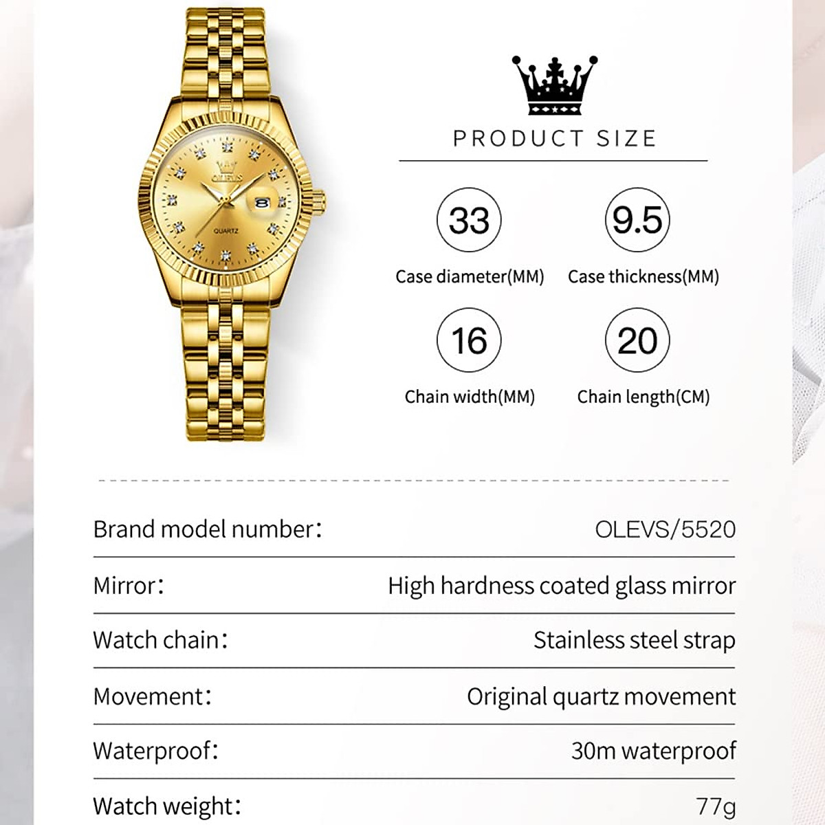 OLEVS Watch Women Gold Ladies Watches for Women Dainty Water Resistant Womens Wrist Watch Luxury Analog Quartz Diamond Stainless Steel Vintage Golden Bracelet Womens Watches Reloj para Mujer
