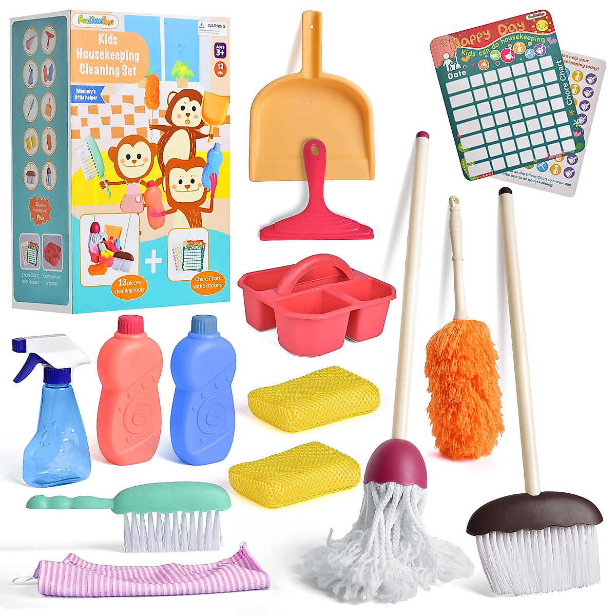 15 PCs Kids Cleaning Set, Play Cleaning Toy Set Includes Broom, Mop, Brush for Toddlers, Child Size Pretend Play House Cleaning Set, Housekeeping Supplies, Learning Toys, Birthday Gifts