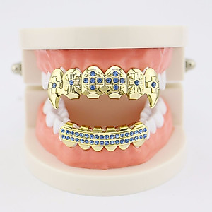 18K Gold Plated Hip Hop Grillz CZ Top and Bottom Grills for Your Teeth with Red Diamond