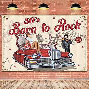 Born to Rock Backdrop Banner Decor Beige - 50s Rock and Roll Birthday Party Theme Decorations for 1950's Men Women Supplies