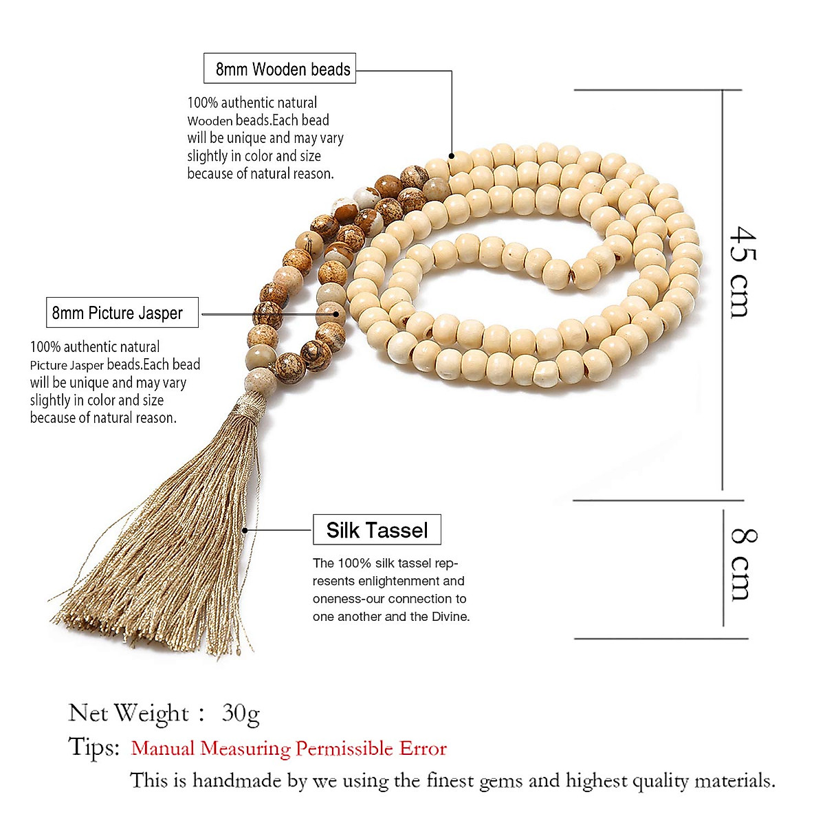 BALIBALI 8MM Semi-Precious Gem Stones Wood Mala Bead Necklace Multicolor Tassel Charms Chain Necklace Handmade Beaded Pendant Necklace for Women Men