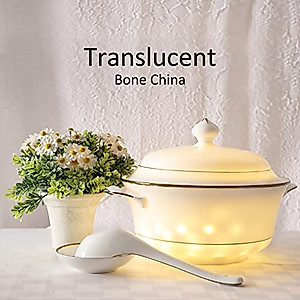 Bone China Soup Tureen with lid, ladle and spoon rest, 2.97QT, Gold Rim, 4PC set, Big Serving Bowl, Elegant Ceramic Porcelain, White, Translucent, Modern, Simple and resistant, Greeting dinnerware
