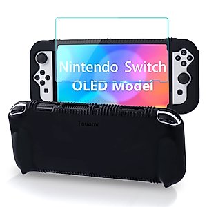 Teyomi Silicone Case for Nintendo Switch OLED with 2 Game Cards Slots, [Kids Friendly] Shockproof Protective Cover with Tempered Glass Screen Protector, Ergonomic Grip Case for Switch OLED, Black