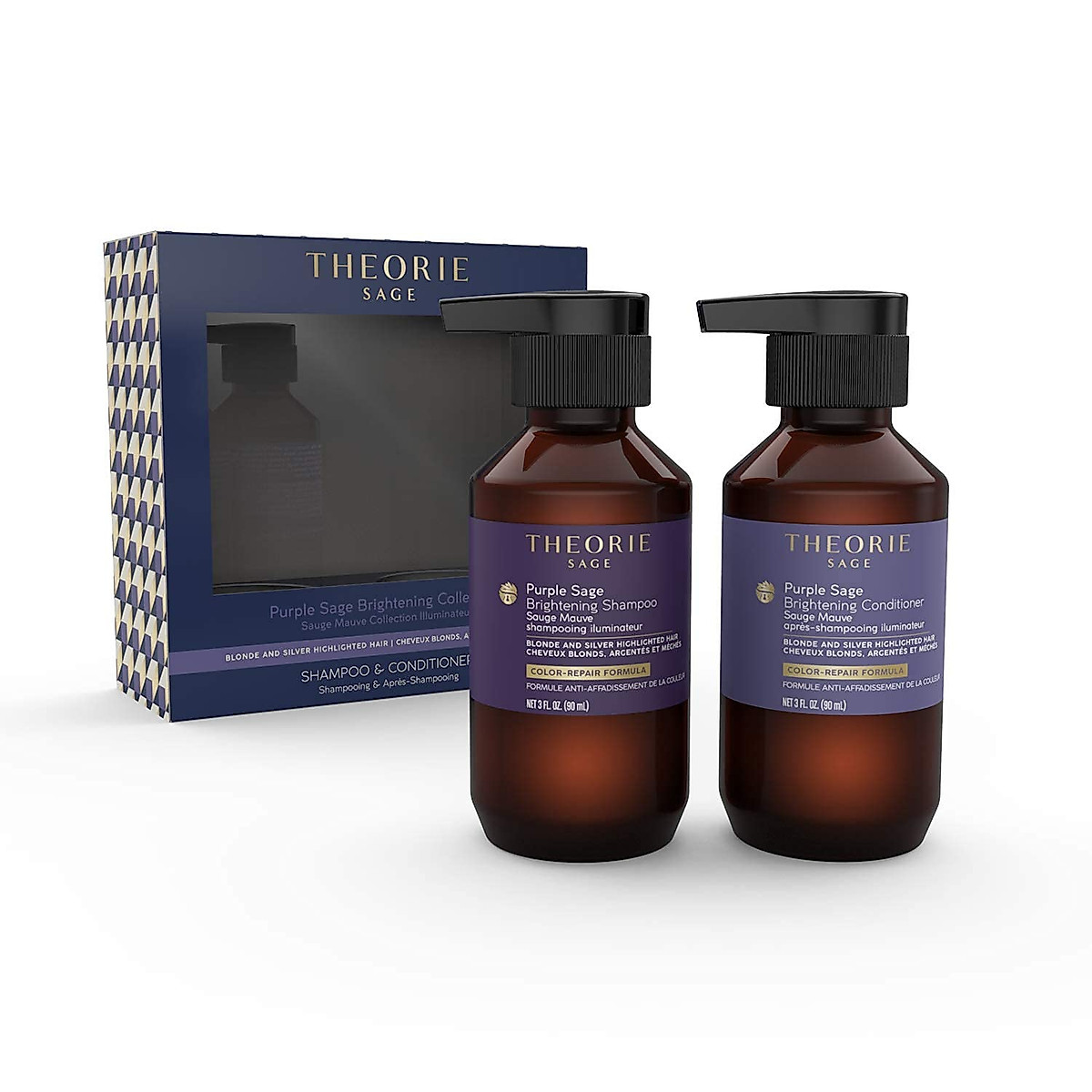 THEORIE Purple Sage Travel Set - Brightening Shampoo & Conditioner minis - Color Repair Formula - Eliminate Brassiness & Yellowing - Suited for Blonde & Highlighted Hair, Bottles 90mL each