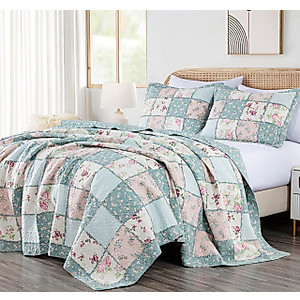 Chezmoi Collection Abbi 3-Piece Shabby Chic Bedding Queen Quilt Set Pre-Washed Cotton Floral Coverlet Bedspread Ruffled Patchwork Quilt Queen Size