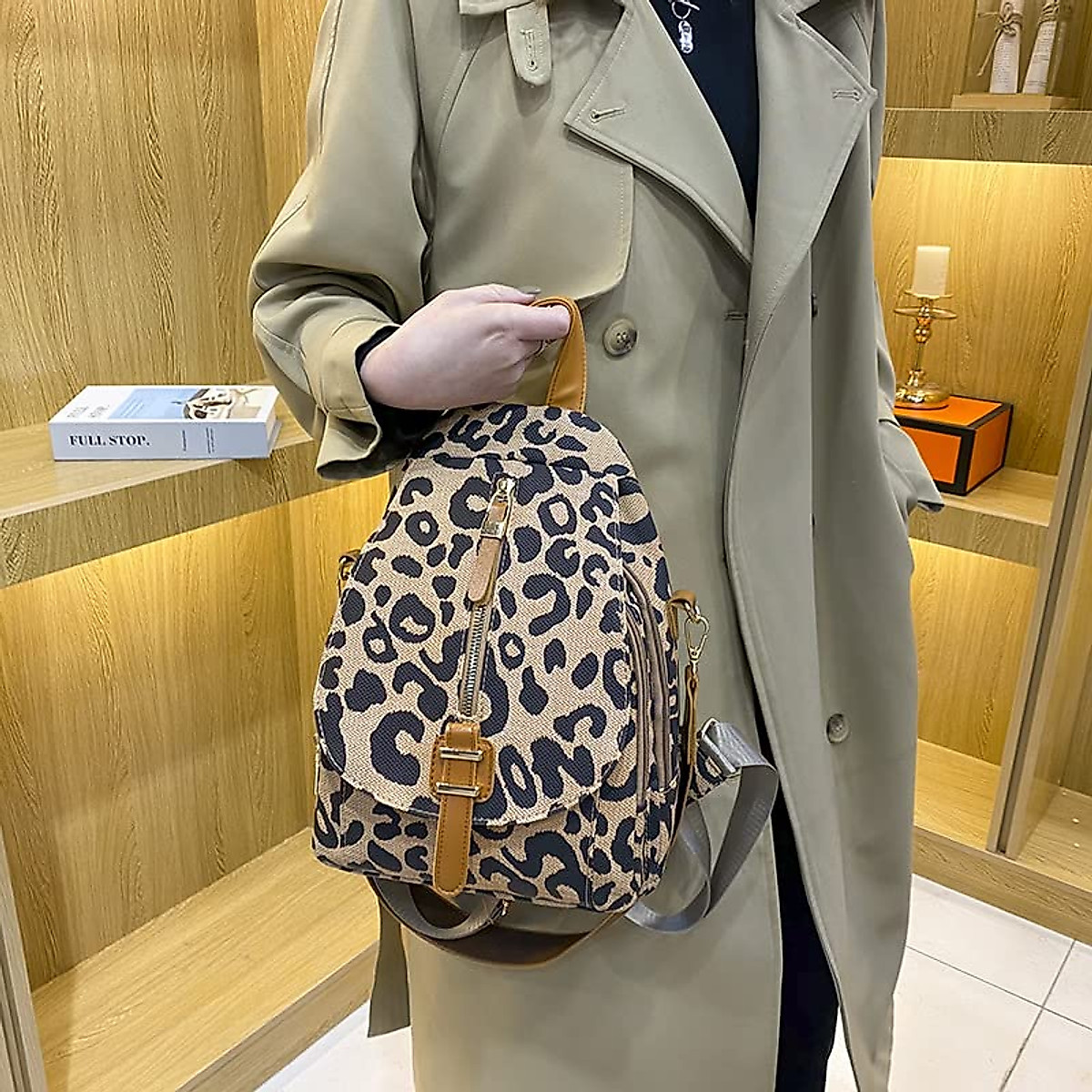 KKRAUS Leopard Print Backpack for Women Pu Leather Cheetah Print Shoulder Daypack Leopard Satchel Backpack with Handle Multipurpose (Single Zipper)