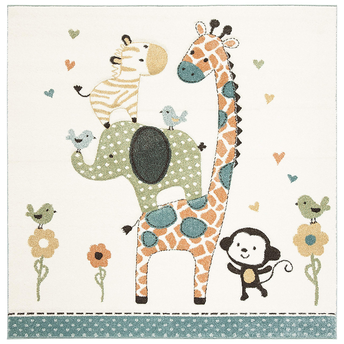 SAFAVIEH Carousel Kids Collection Area Rug - 4' Square, Ivory, Animal Design, Non-Shedding & Easy Care, Ideal for High Traffic Areas for Boys & Girls in Playroom, Nursery, Bedroom (CRK120A)