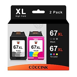 COCCINK 67XL Ink Cartridges for HP DeskJet 2800e 2842e 2852e 2855e 4255e Envy 6000 6052e 6055e 6058 6065e 6400 6452e 6455e 6075e 6458e 6475e Printers for HP Ink 67 XL Black Color Combo Pack