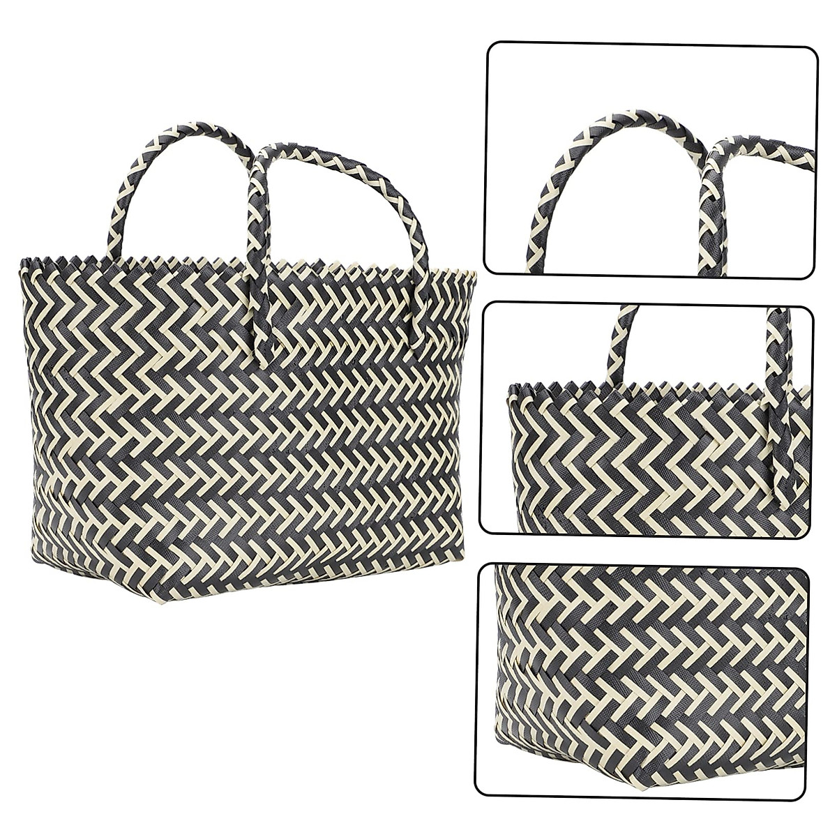 SHOWERORO Handwoven Bag Striped Large Knit Basket Women's Casual Bag Black Small 1pc