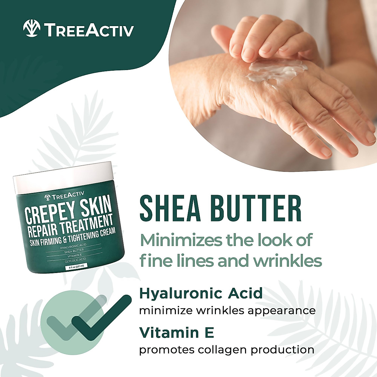 TreeActiv Crepey Skin Repair Treatment, 8oz, Firming Cream For Face and Neck, Skin Firming and Tightening Lotion with Hyaluronic Acid, Crepey Skin Treatment that Moisturizes Dry Crepe Skin, 500+ Uses