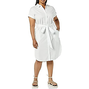 Amazon Essentials Women's Relaxed Fit Short Sleeve Button Front Belted Shirt Dress, White, Large