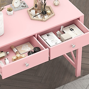 WiberWi Home Office Desk with Drawers, Modern Writing Computer Desk for Bedroom, Small Pink Makeup Vanity Table for Girls, Study Table for Home Office