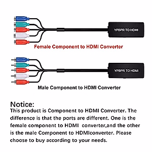 Dingsun Component to HDMI Converter Female YPbPr to HDMI Converter Support 720P/ 1080P for HD TV, DVD Player, Blu-ray Player, Wii, PS2/PS3, Xbox 360, Original Xbox and More (with HDMI Cable)