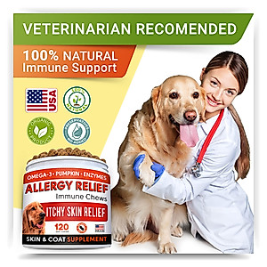 Allergy Relief + Omega 3 Dogs Bundle - Itchy Skin Treatment + Allergy & Itch Relief Skin&Coat Supplement - Omega3 & Pumpkin - Dog Itch Relief - 300 Chews - Peanut Butter + Chicken Flavor - Made in USA