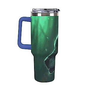 LLUTSNTH 40 Oz Vacuum Tumbler with Deep Blue Handle Leakproof Insulated Tumbler Green Wolf Stainless Steel Travel Mug with Lid And Straw Coffee Cup Cute Water Bottles Cup Holder Friendly