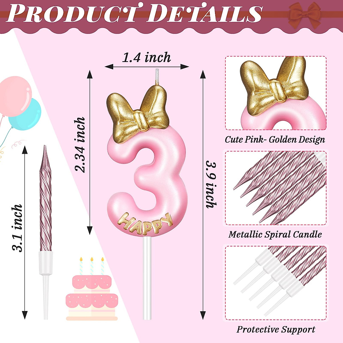 BBTO Number 3 Birthday Candle Pink Birthday Candle Girl with 10 Pieces Pink Candles Long Thin Cupcake Candles in Holders for Cake Topper Birthday Baking Decor Supplies