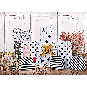 Whaline 120 Sheet White Black Tissue Paper Star Stripes Dots Pattern Tissue Paper 4 Styles Simple Gift Wrapping Paper Bulk for Birthday DIY Crafts New Year Gift Bag Supplies, 14 x 20"
