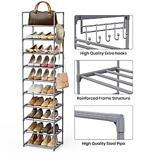 WEXCISE 10 Tiers Tall Shoe Rack Narrow 20-24 Pairs Shoe Rack for Closet Entryway Vertical Metal Shoe Rack Organizer Shoe and Boots Organizer Storage Sturdy Shoe Shelf Shoe Stand Gray