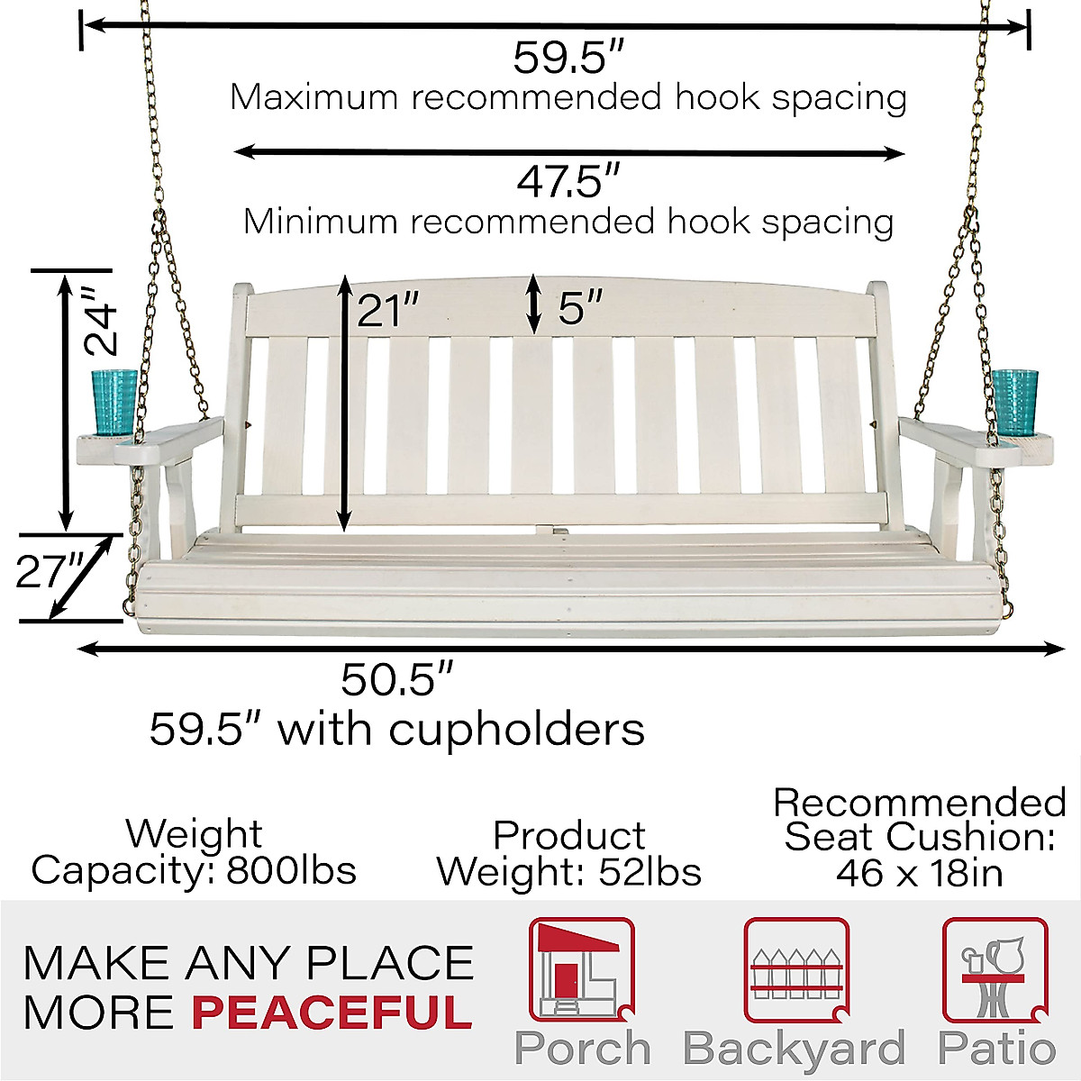 Amish Casual Heavy Duty 800 Lb Mission Treated Porch Swing with Hanging Chains and Cupholders (4 Foot, Semi-Solid White Stain)